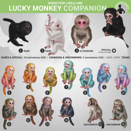 Second Life Marketplace - SEmotion Libellune Lucky Monkey Companion COMMON 10